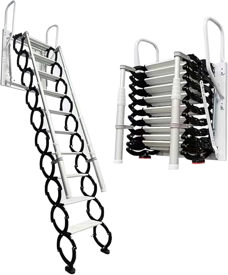 Wall Mounted Folding Ladder, Aluminum Telescoping Loft Stairs, Black ...