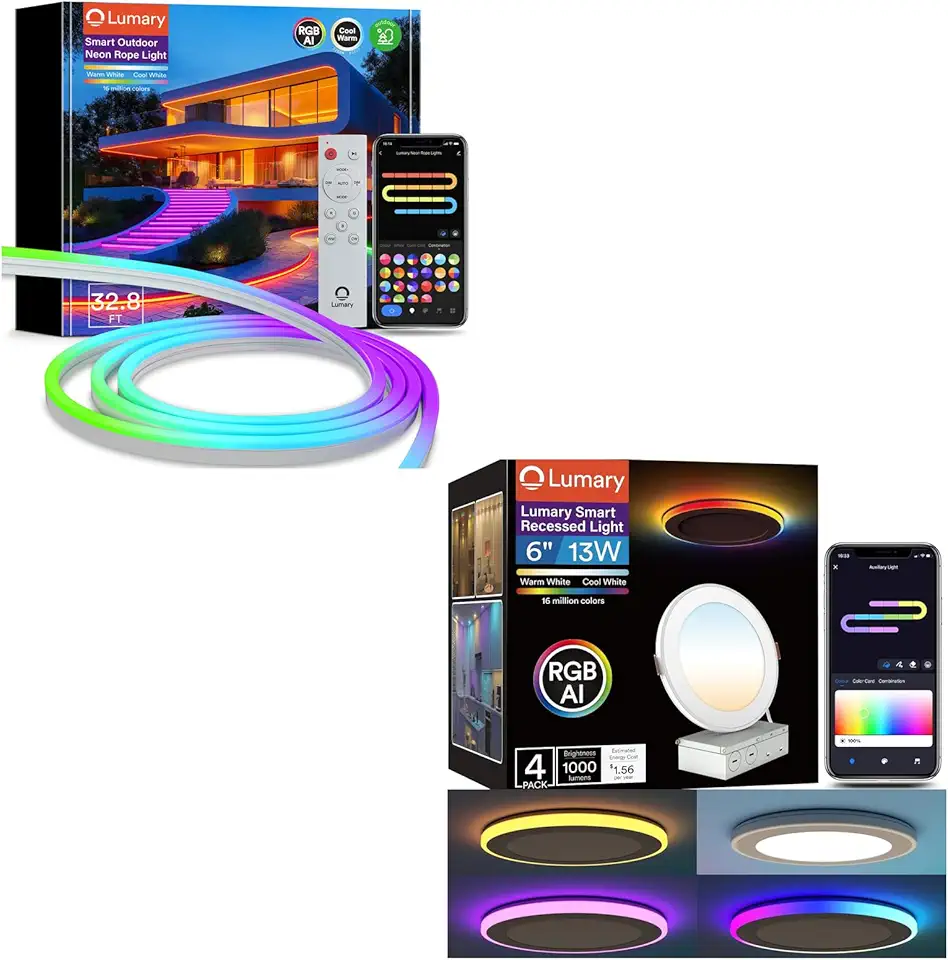 Lumary Outdoor Neon Rope Lights, 32.8ft RGBAI Smart Recessed Lighting 6 ...