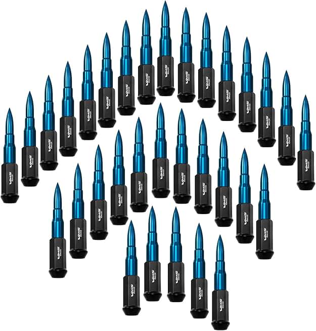 14x1.5 32PC 124mm Cold Forged Steel Lug Nuts with BLUE Extended BULLET Tips in CNC Aluminum ...