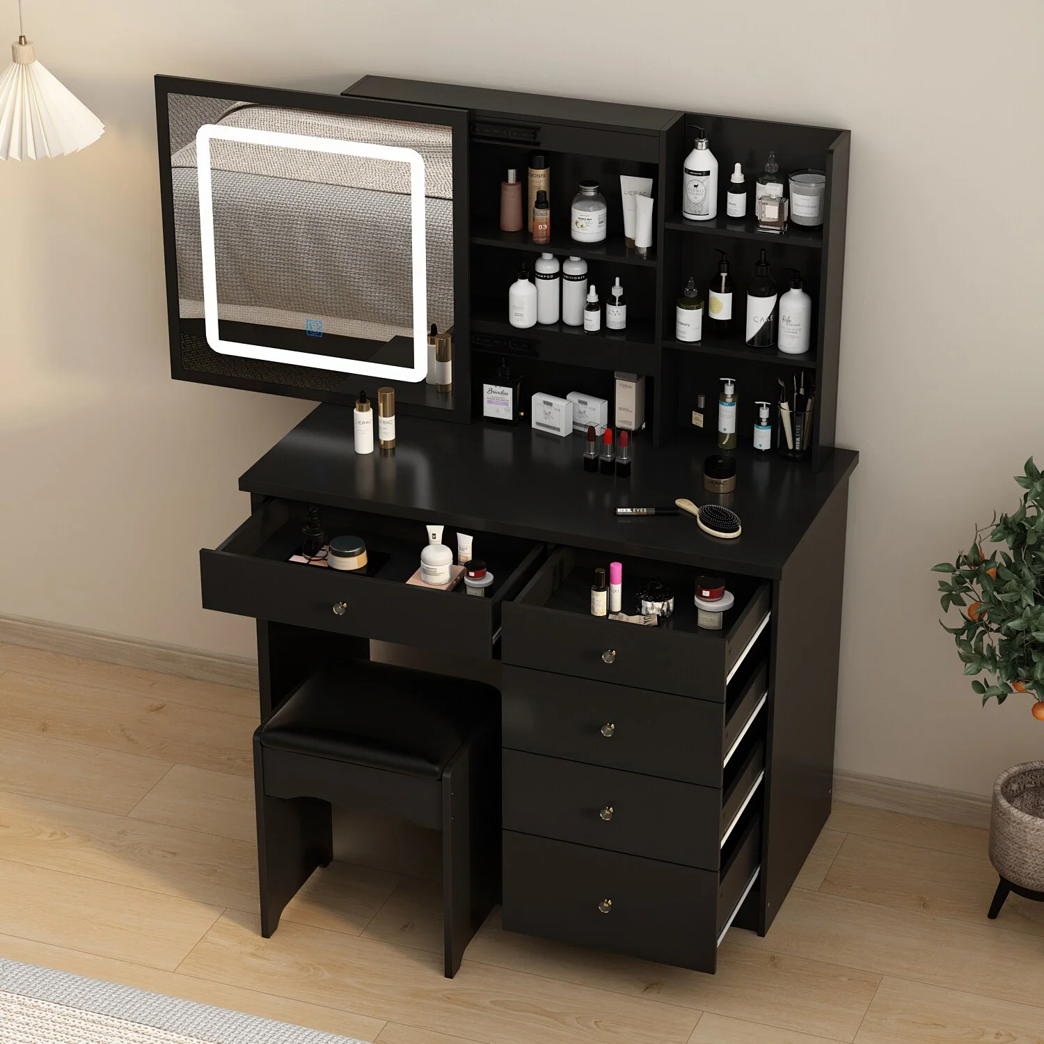 39.4'' Make up Vanity Set with Stool Mirror Hidden Storage Touch Light ...