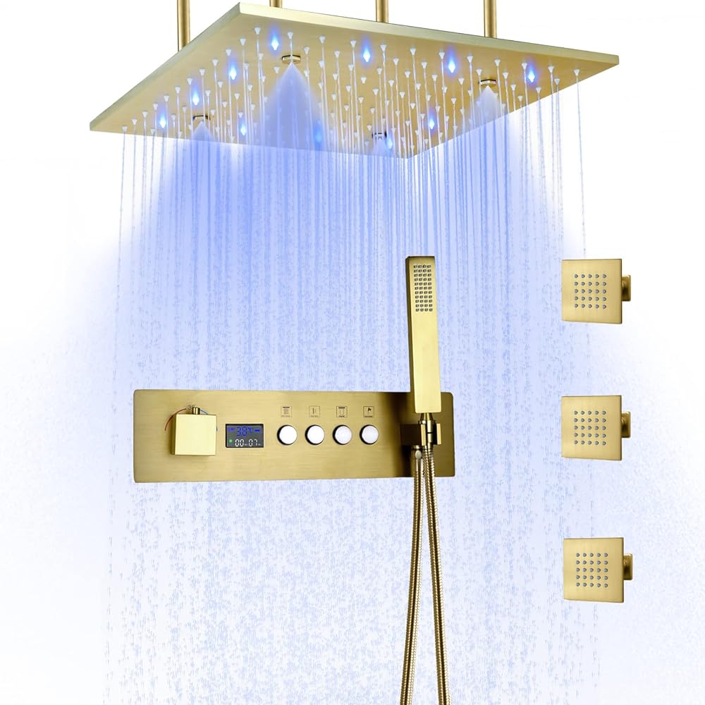 Brushed Gold Thermosatic Rain Shower System Set With 16" LED Ceiling ...