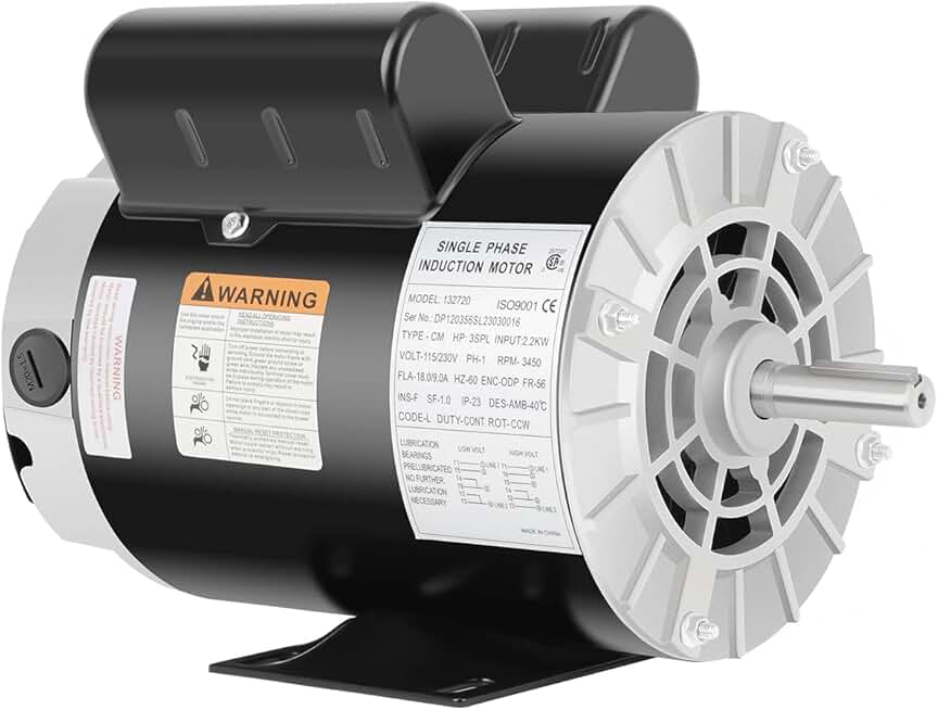 3 HP SPL Air Compressor Motor, 3450 RPM Electric Motor, 115/230V, 18/9A ...