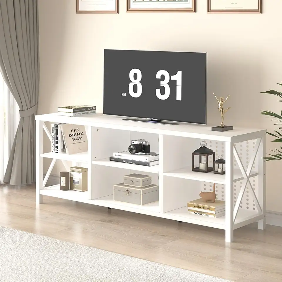 LVB White TV Stand for 75 Inch TV, Large Industrial Wood Entertainment ...