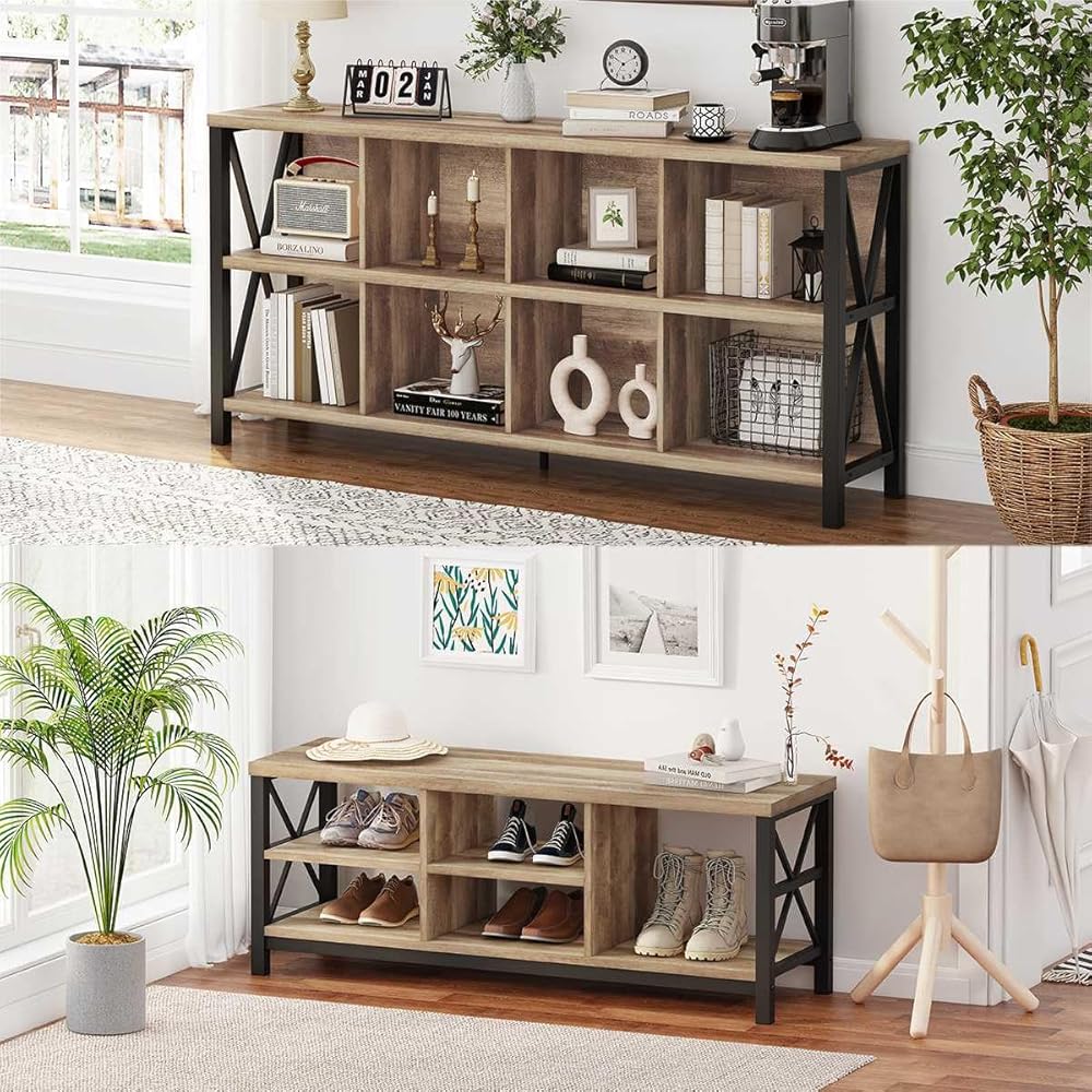 FATORRI 8 Cube Storage Organizer and Shoe Bench for Entryway (Rustic ...