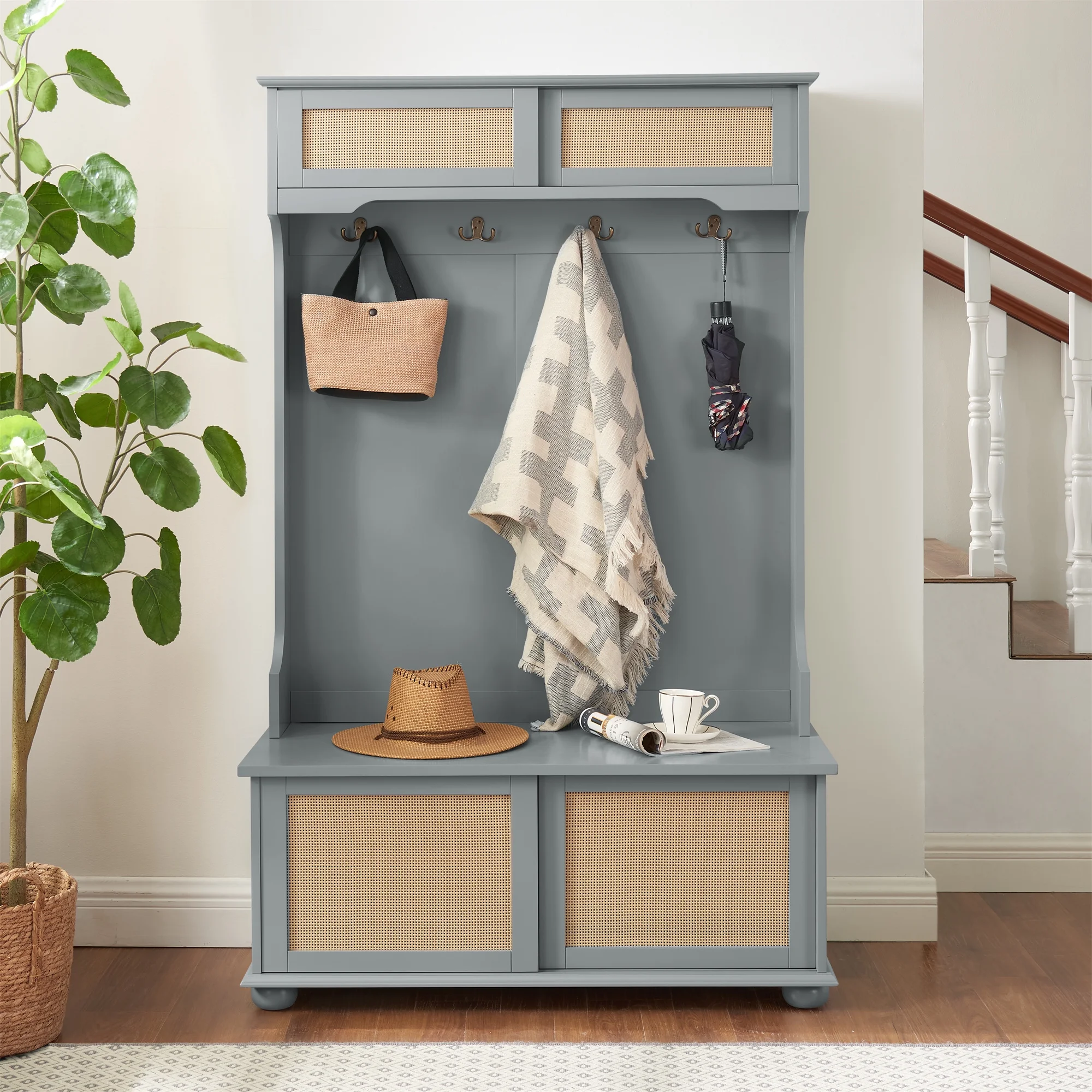 M optimized 64" Hall Tree Entryway Storage Bench with Sliding Rattan ...