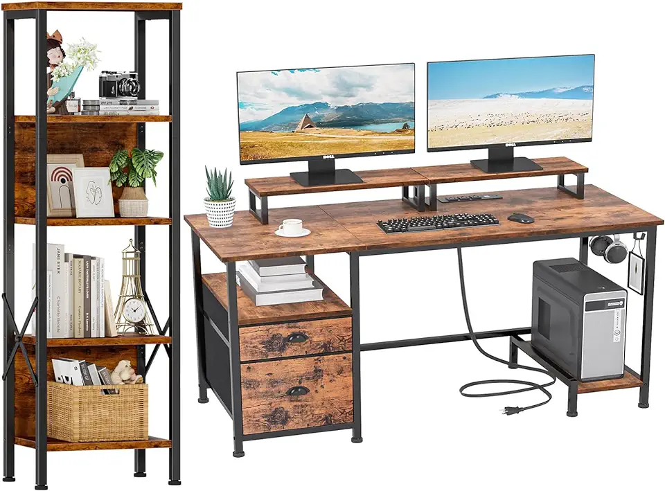 Furologee Computer Desk and Bookshelf, 47" Office Desk with Drawer and ...