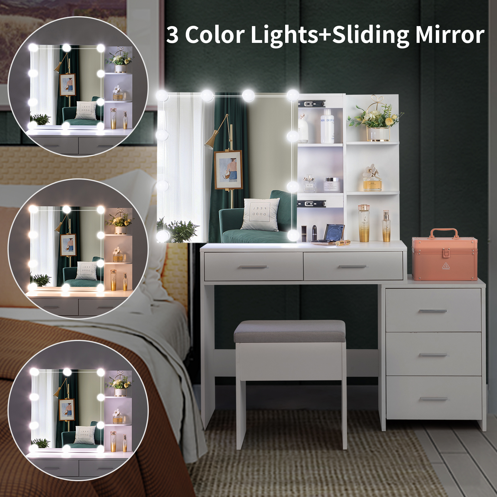 Ktaxon Vanity Set with 3 Color Lighted Mirror, Makeup Table with 3 ...