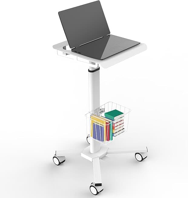Adjustable Height Portable Laptop Desk with Wheels,White Computer Cart ...