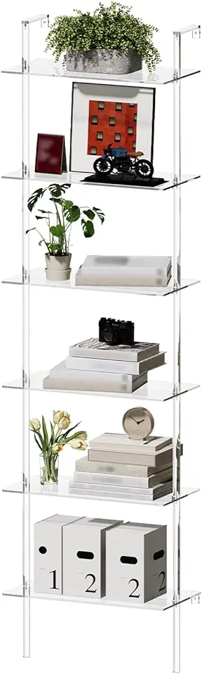 Acrylic Ladder Bookshelf, 6-Tier Clear Wall Mounted Bookshelf with Open ...