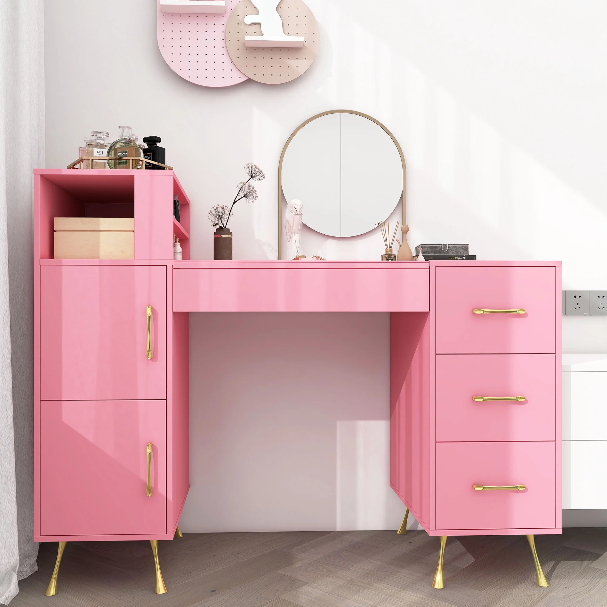 HIUU Pink Vanity Desk with 4 Drawers,Makeup Vanity Console Table for ...