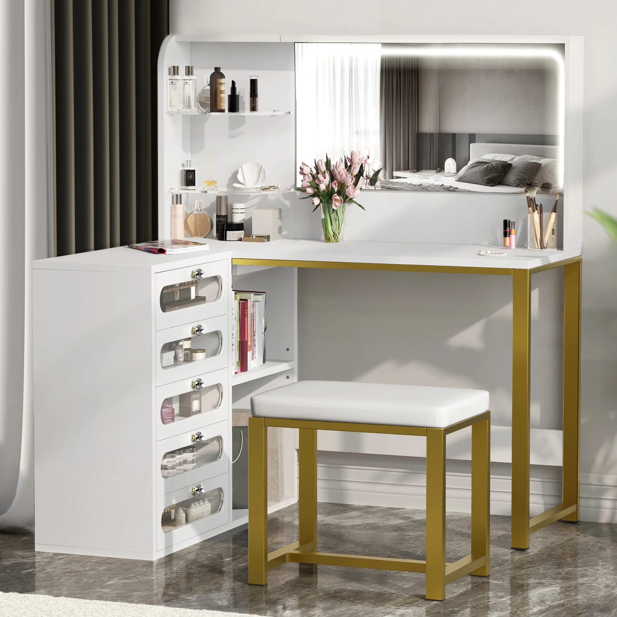 Dextrus Vanity Table Set with Mirror and LED Light, L Shaped Modern ...