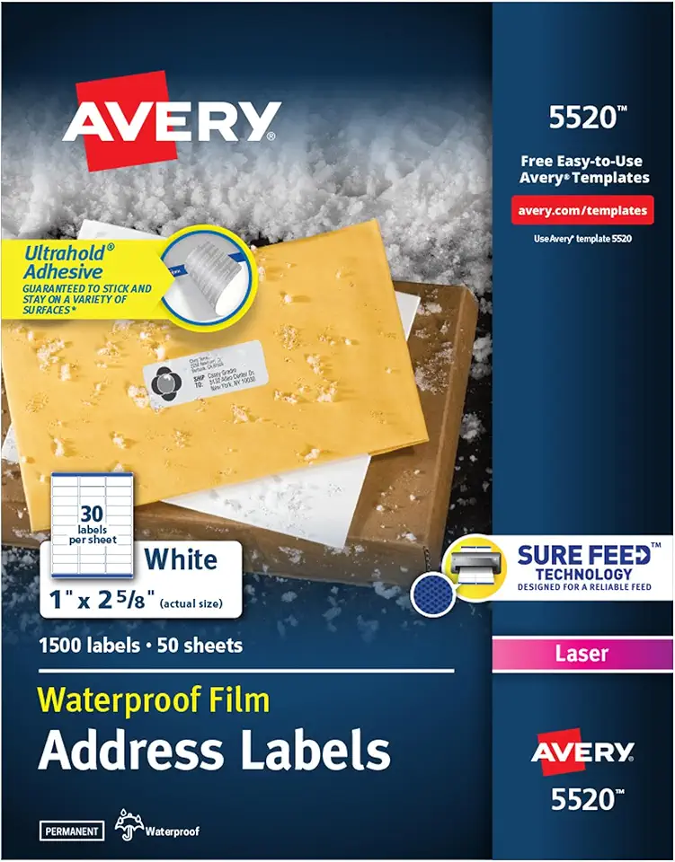 Avery Waterproof Labels with Ultrahold Adhesive, 1" x 2-5/8", Case of ...