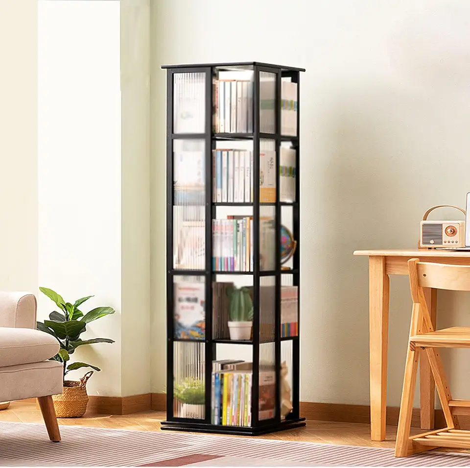 Revolving bookshelf with doors，acrylic stackable rotating bamboo ...