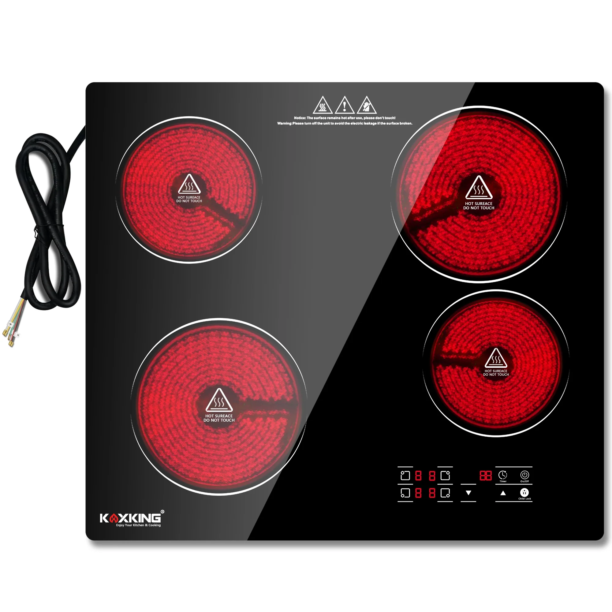 24 Inch Electric Cooktop, Built-in Ceramic Cooktop Hob 4 Burners with 9 ...