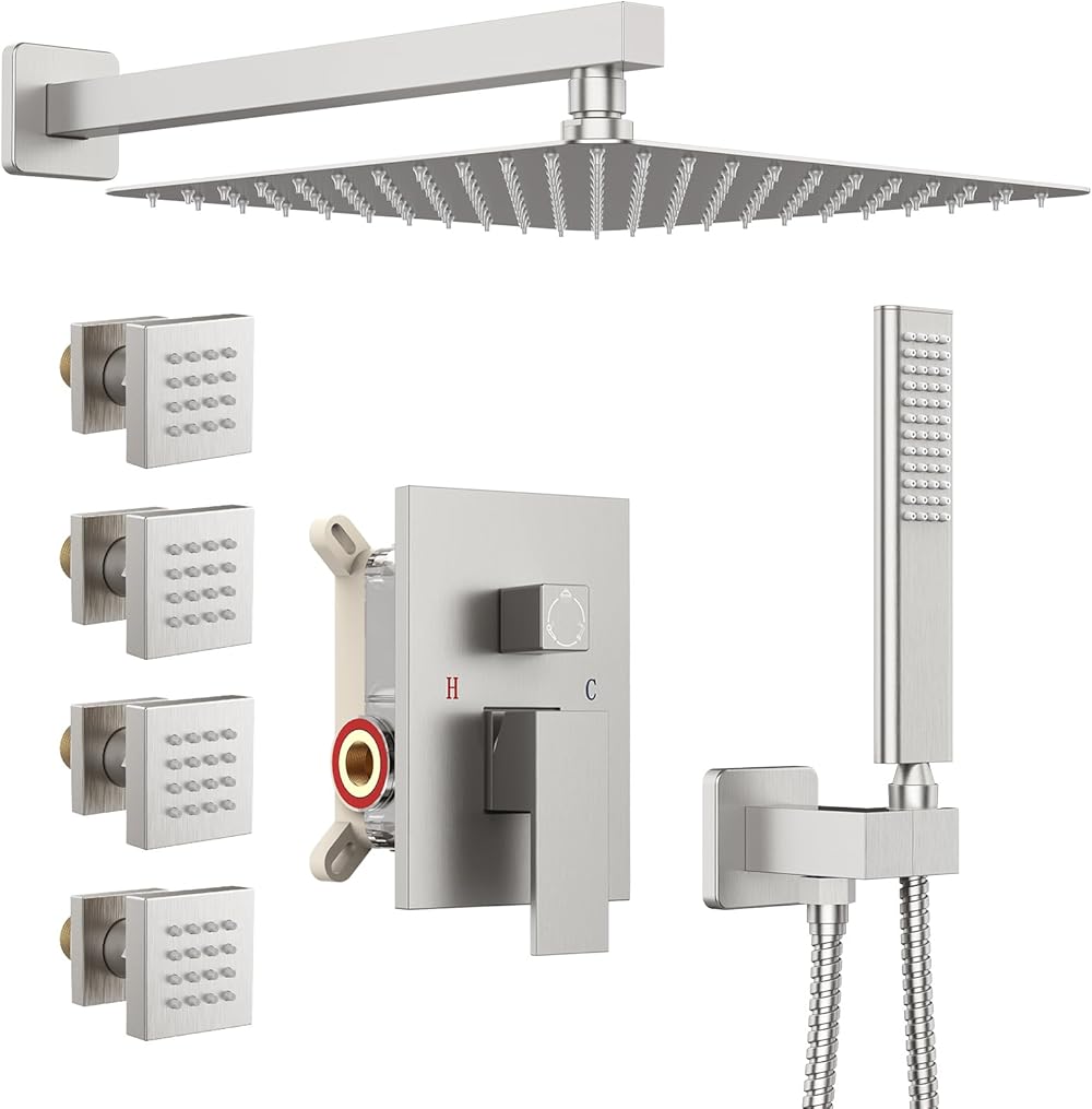 Iriber Brushed Nickel Square Rain Shower System with 4 PCS Body Jets 3 ...