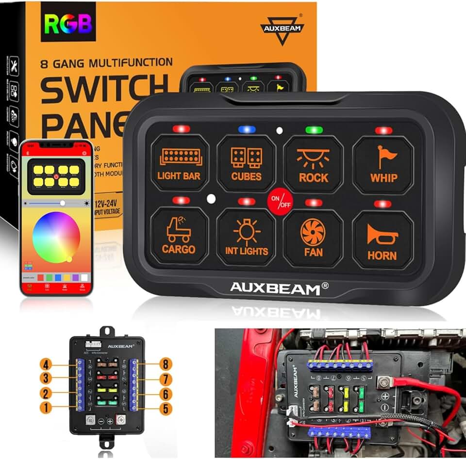 Auxbeam RGB Bluetooth 8 Gang Switch Panel AR-820 Toggle Momentary ...