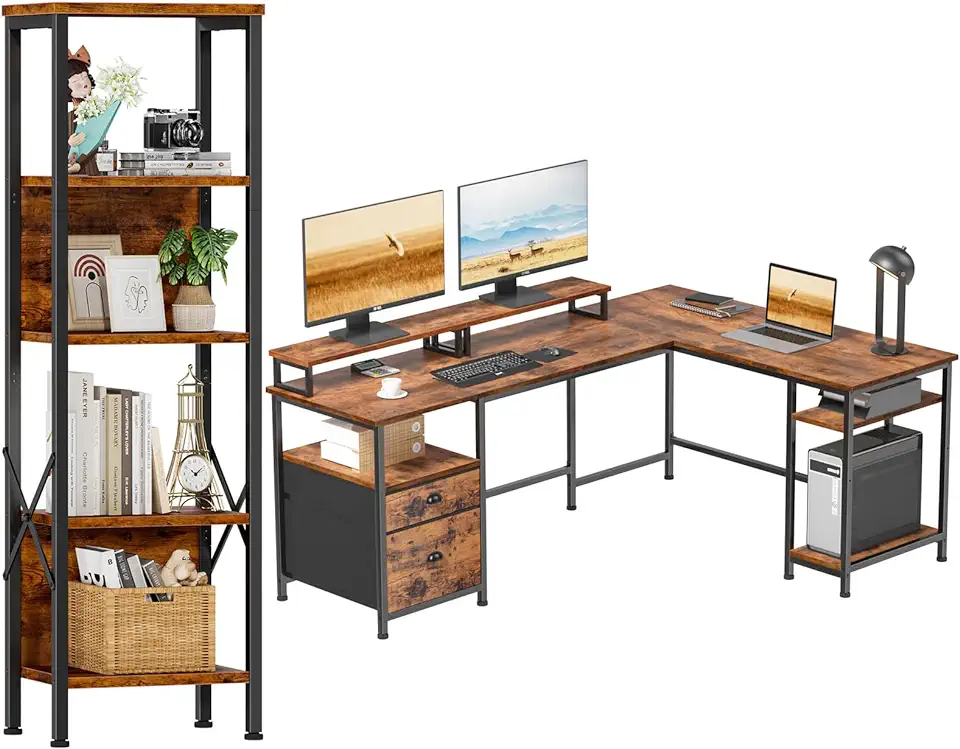 Furologee 66” Computer Desk and Bookshelf Set, Reversible L Shaped Desk ...