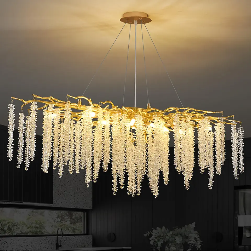 Modern Gold Crystal Tree Branch Chandelier, Rectangle Linear Art Deco Raindrop Lighting Fixture ...