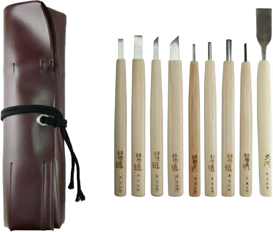 Michihamono Woodworking 9-Piece Woodcarving Tools Gouges & Chisels Starter Set, with Leather ...