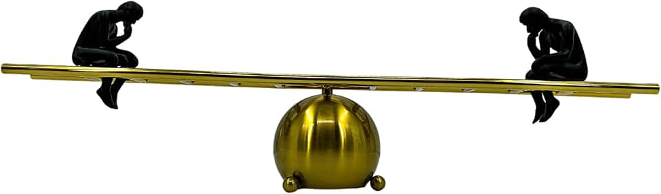 Balancing Sculpture, Metallic Gold and Black Figures on Wooden Beam ...