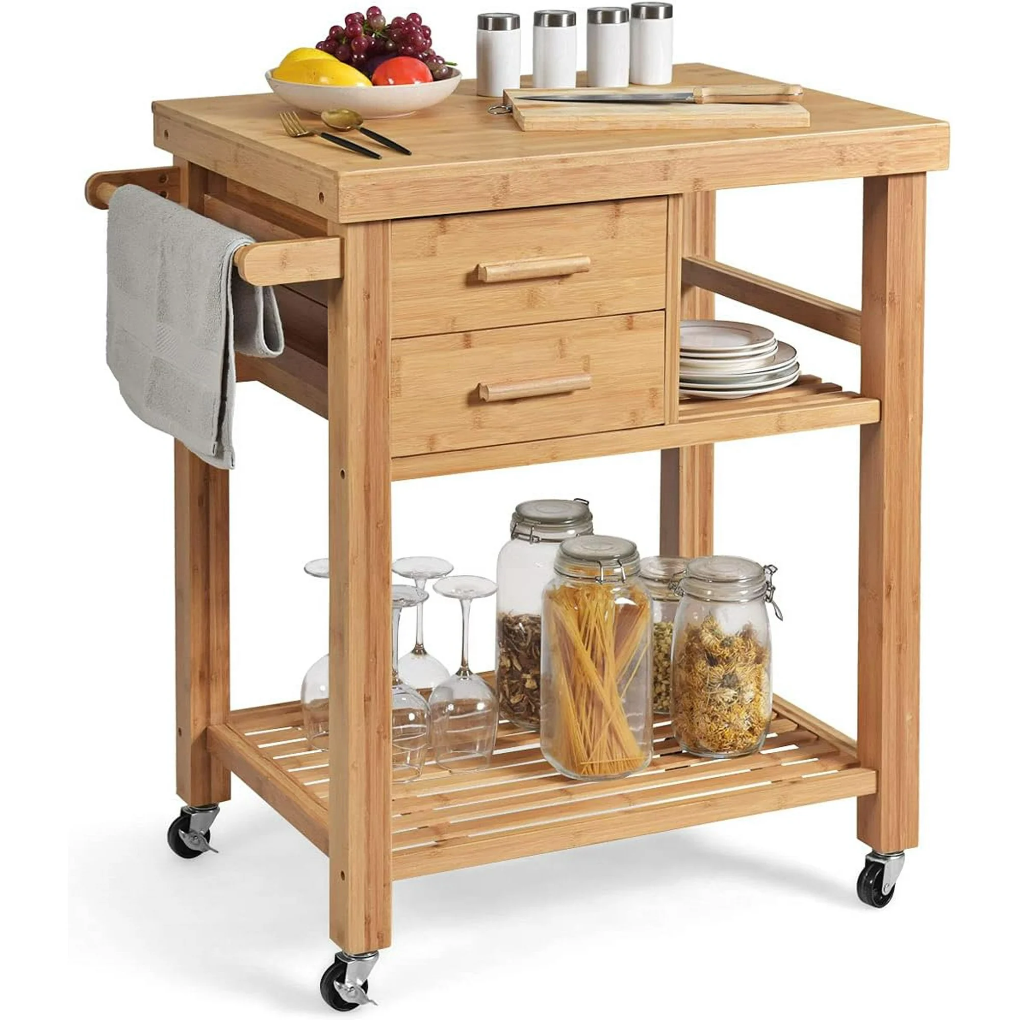Bamboo Kitchen Island Cart, Butcher Block Table on Wheels with Drawers ...