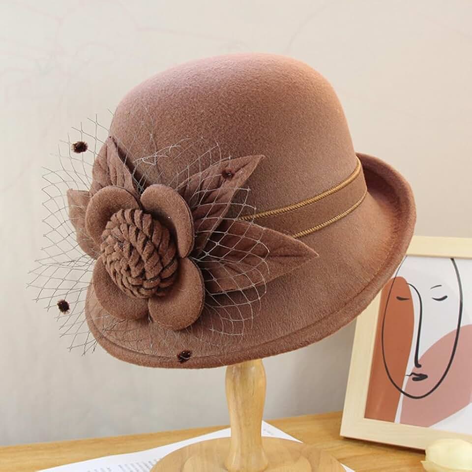 Warm Hat Rolled Bowler Hat Vintage Wool Tweed Mesh Flower Bowler Hat(E ...