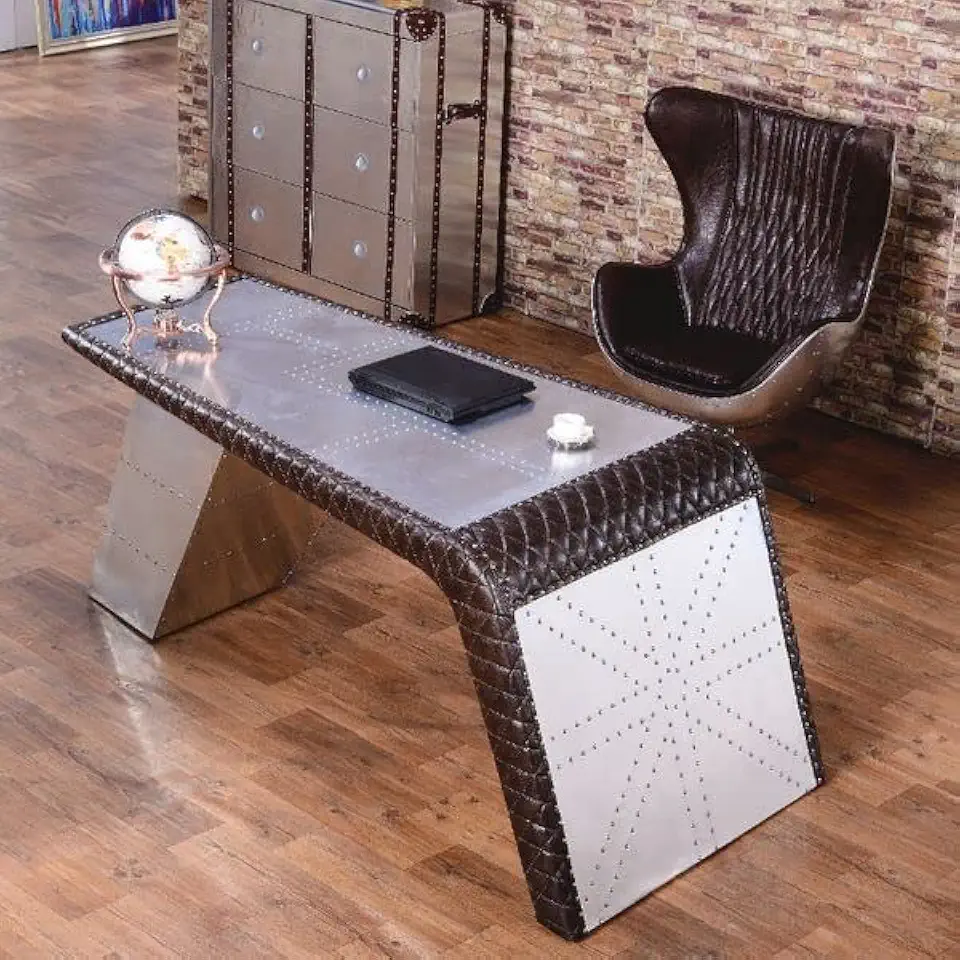 Nautical-Mart Aviator Wing Desk with Storage Aluminum and Leather ...