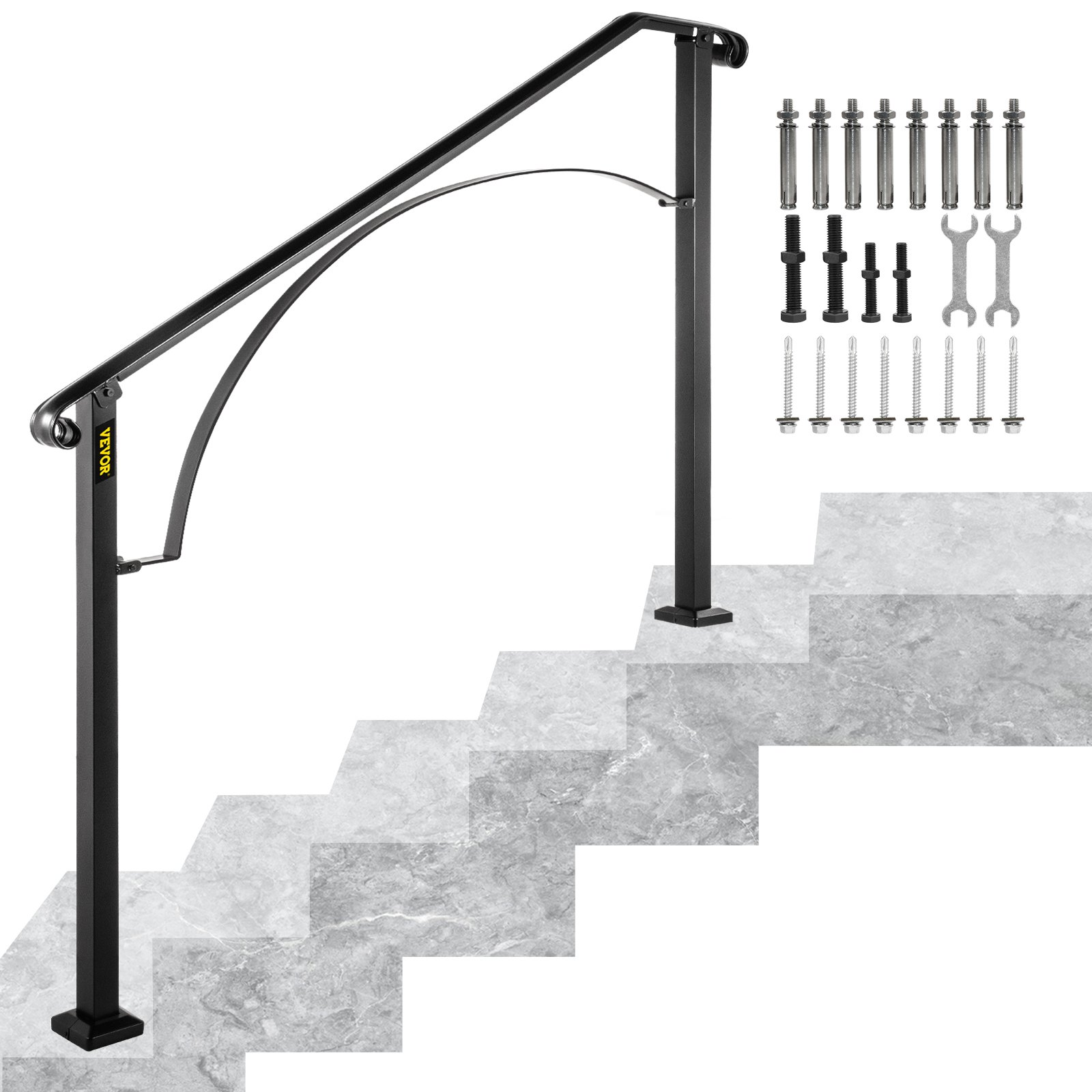 VEVOR Handrails for Outdoor Steps, Fit 4 or 5 Steps Outdoor Stair Railing, Arch#4 Wrought Iron ...