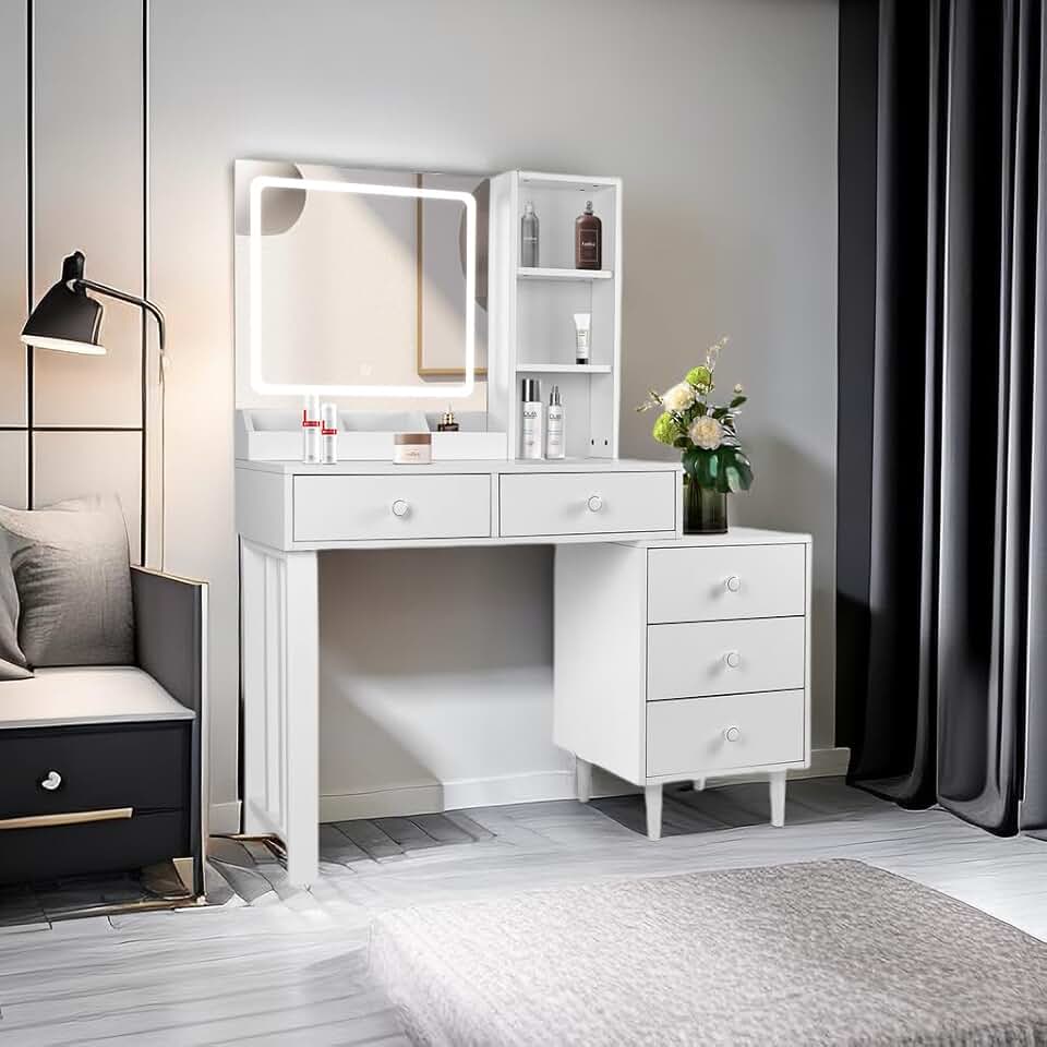Vanity Desk with Mirror and Lights, Makeup Vanity Set with Power Outlet ...