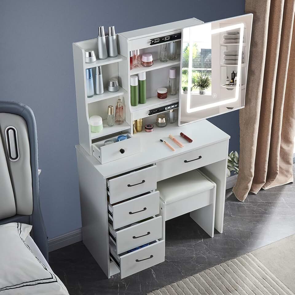 JBLCC Vanity Desk with LED Lighted Mirror,Large Makeup Vanity with ...