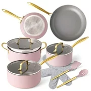 Styled Settings Pink Pots and Pans Set Nonstick - 15 PC Luxe Gold and ...