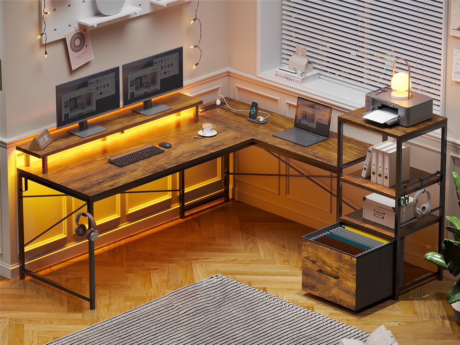 SEDETA L Shaped Desk with LED Light, 51" Computer Desk with Fabric File ...