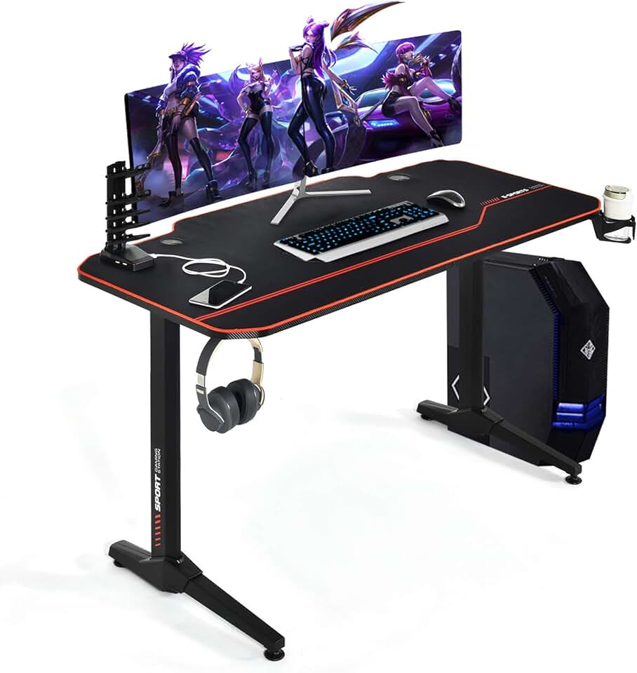 ARLIME Ergonomic Gaming Desk, T-shaped Computer Desk W/Full Desk Mouse ...