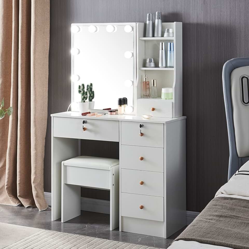 Makeup Vanity Desk Set with LED Lights and Mirror, 31in Vanity Table ...