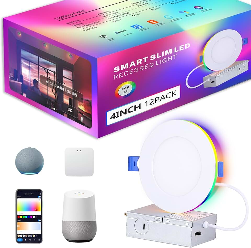 12 Pack Smart Recessed Lighting 4 Inch with RGB Color Changing & 2700 ...