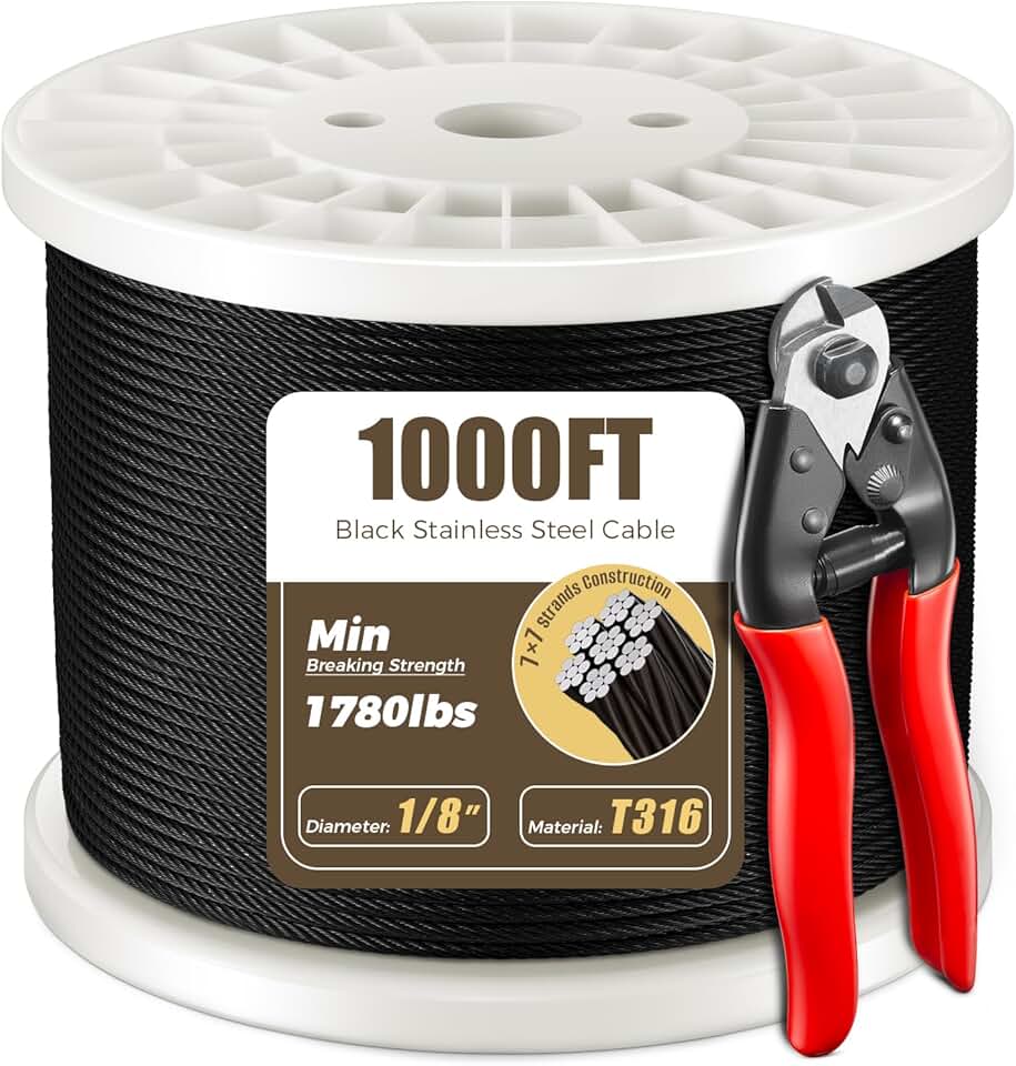 WAYSKA 1000FT 1/8" T316 Black Stainless Steel Cable, Black Wire Rope ...
