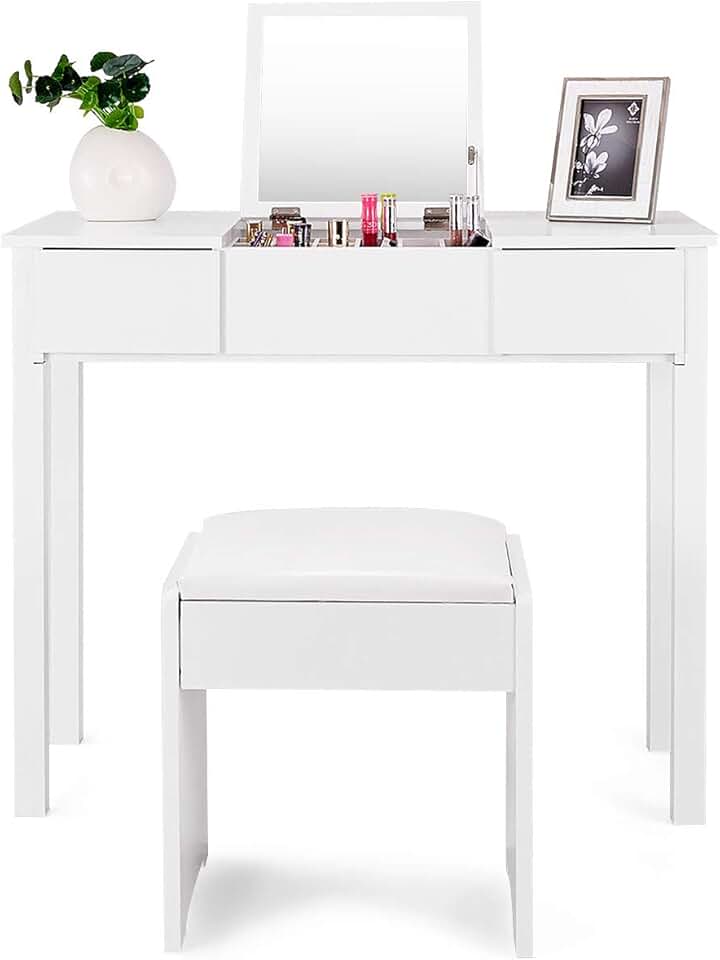 Vanity Table with Flip Top Mirror, Solid Wood Makeup Dressing Table ...
