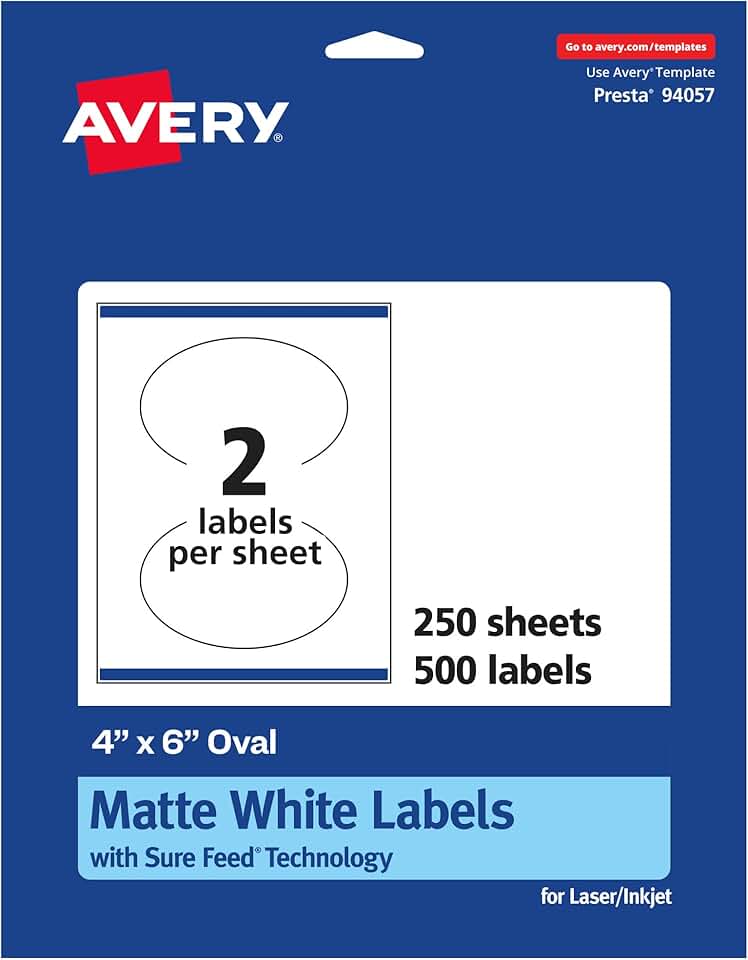 Avery Matte White Oval Labels with Sure Feed, 4" x 6", 500 Matte White ...