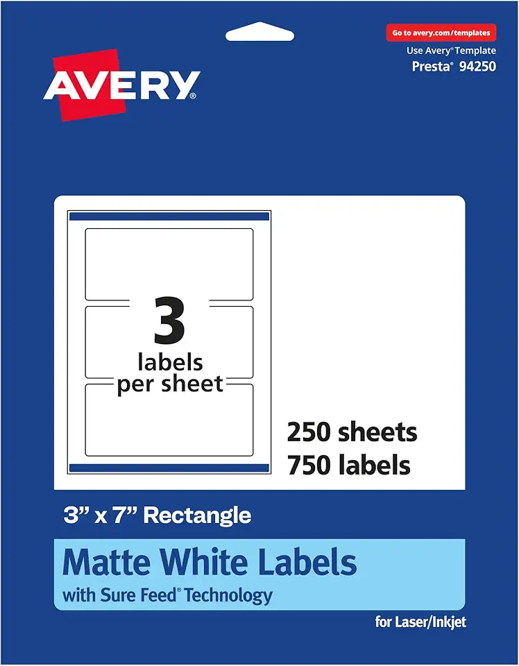 Avery Matte White Rectangle Labels with Sure Feed, 3" x 7", 750 Matte ...