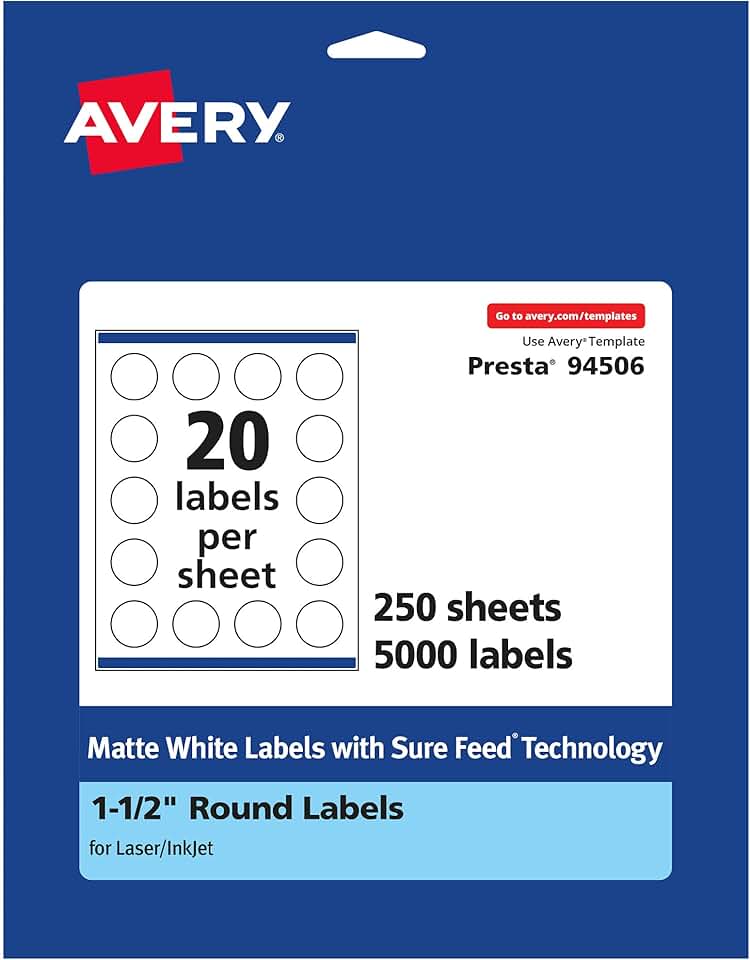 Avery Matte White Round Labels with Sure Feed, 1.5" Diameter, 5,000 ...