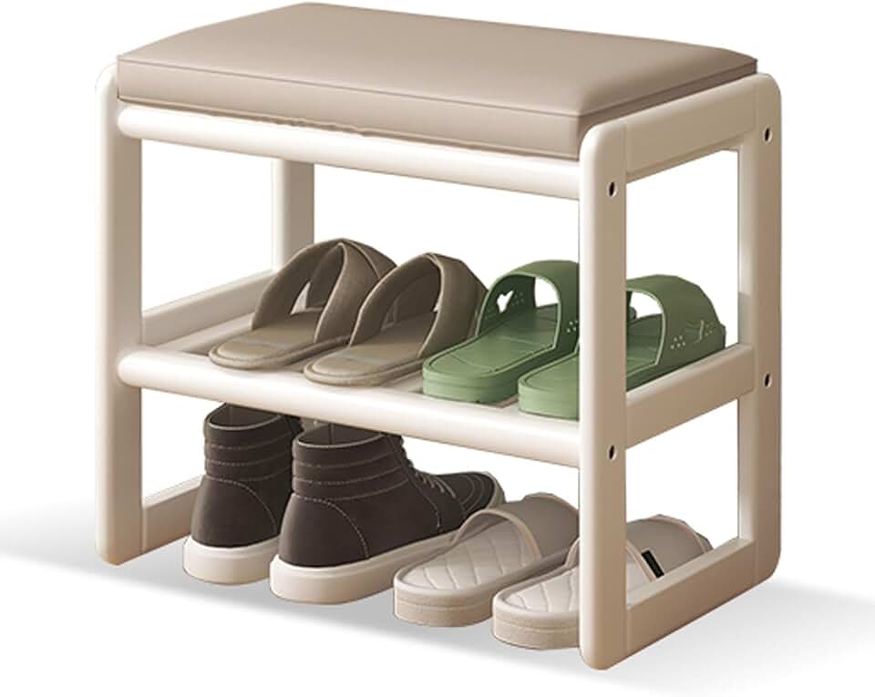 2-Tier Shoe Rack for Entryway, Wooden Shoe Bench with PU Leather ...