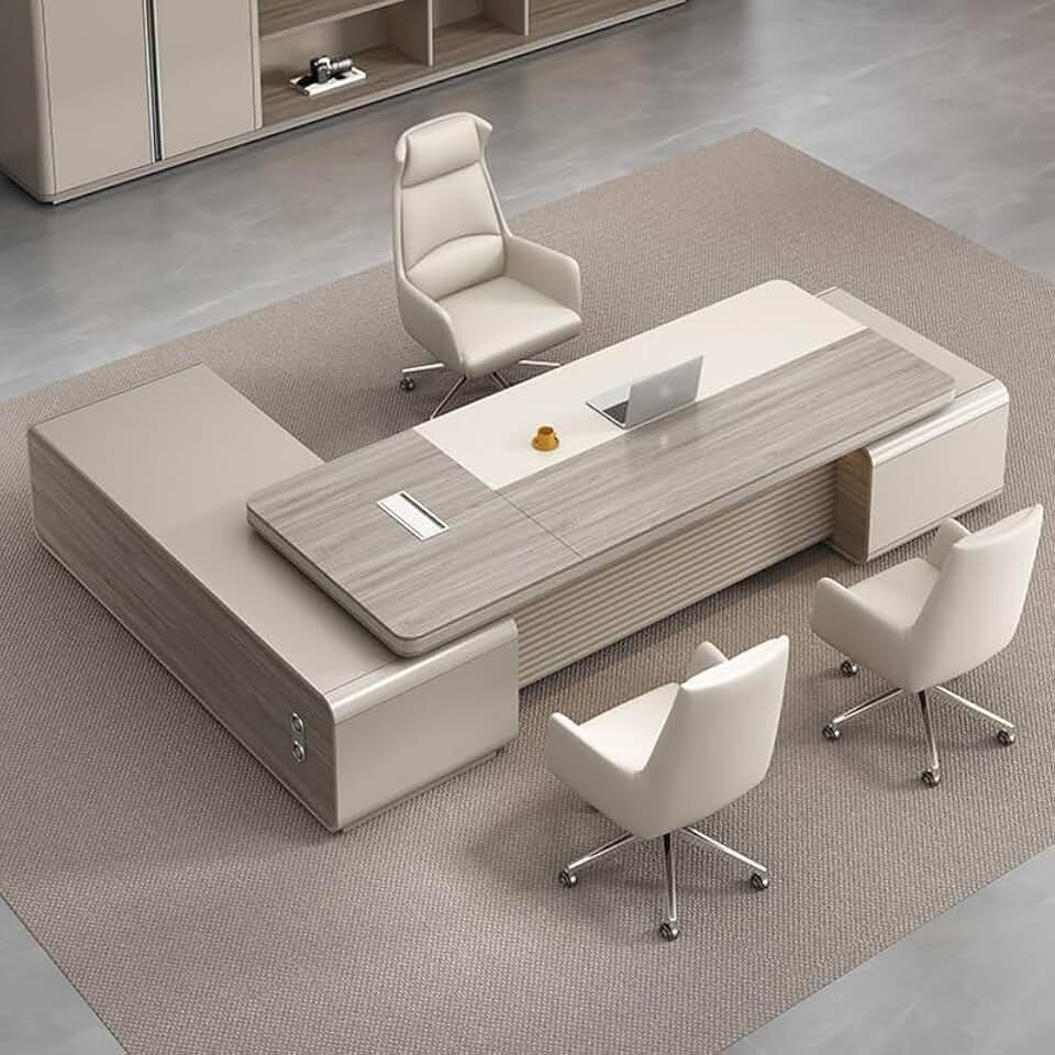 Modern Luxury L Shape Executive Desk, Beige L-Shaped Business Executive ...