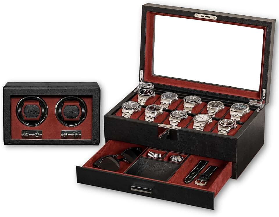 Gift Set 10 Slot Leather Watch Box with Valet Drawer & Matching Double ...