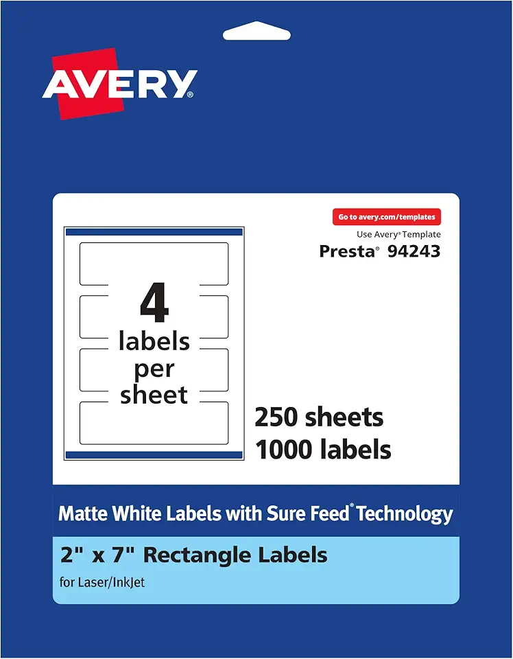 Avery Matte White Rectangle Labels with Sure Feed, 2" x 7", 1,000 Matte ...