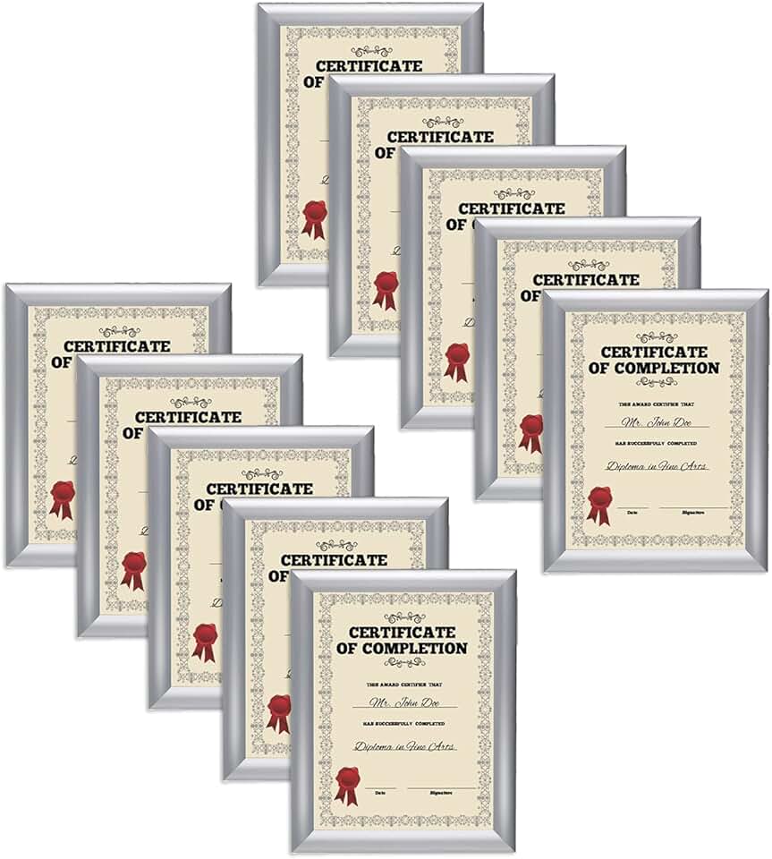 SnapeZo 10-Pack 8.5x11 Silver Certificate Frames, Front-Loading Snap Frames, 1" Aluminum Profile ...