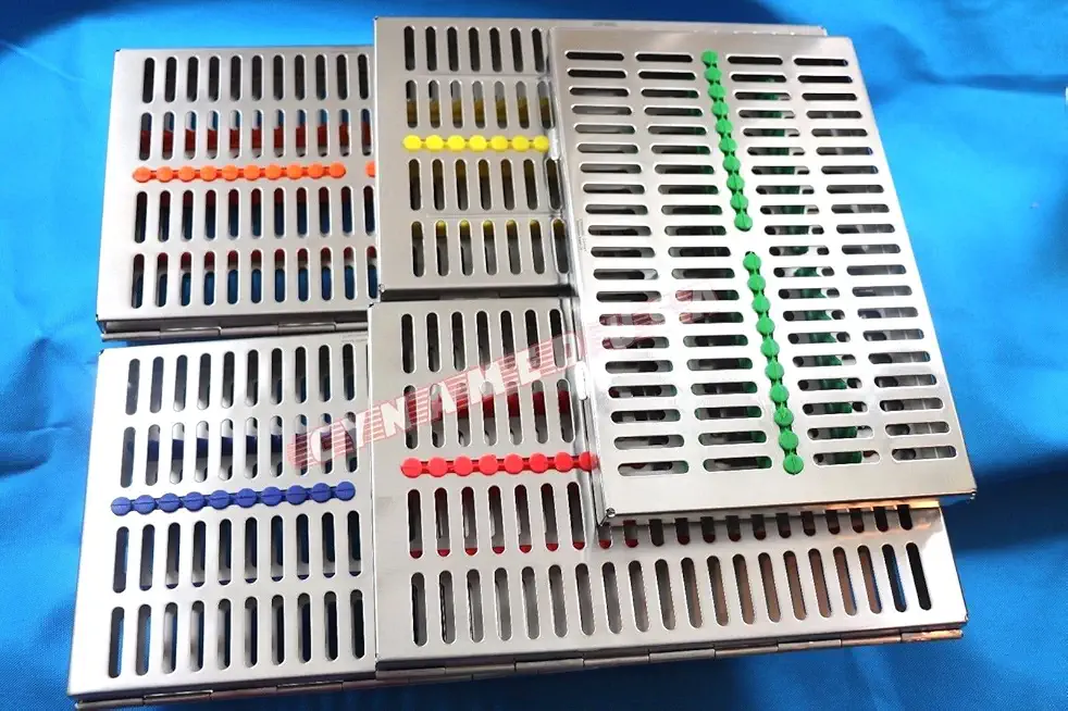GERMAN STAINLESS 5 Dental Sterilization Cassette Rack Tray Box for 20 Instruments SET of 5 COLOR ...