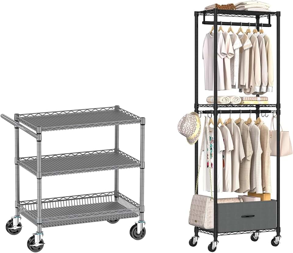 Heavy Duty Rolling Cart Utility Cart, Portable Clothes Rack for Hanging ...