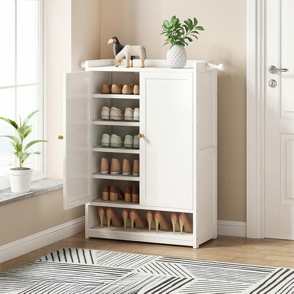 LITFAD Bamboo Shoe Cabinet Glam Style Shoe Rack with Doors and Shelves ...