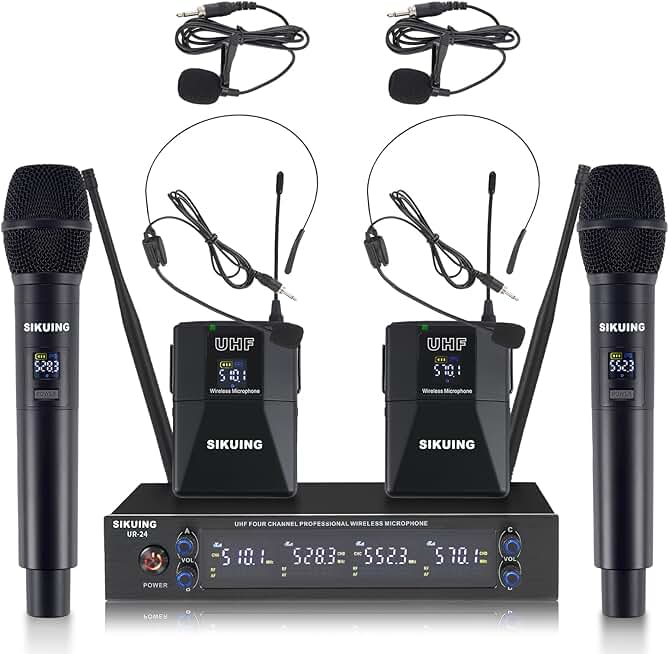 4 Channel UHF Wireless Microphone System with Lavalier Headset Mics ...