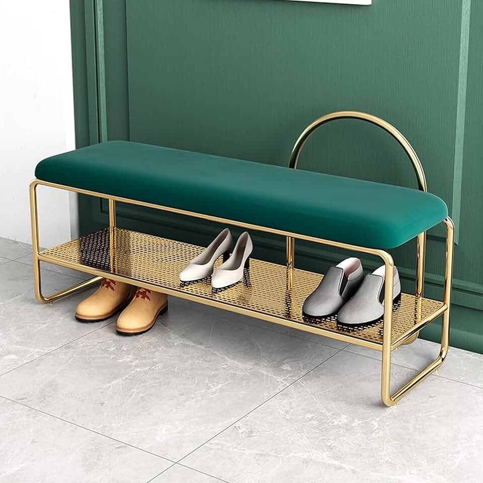KAMPCO 2-Tier Shoe Bench, Gold Metal Shoe Rack Bench with Velvet Seat ...
